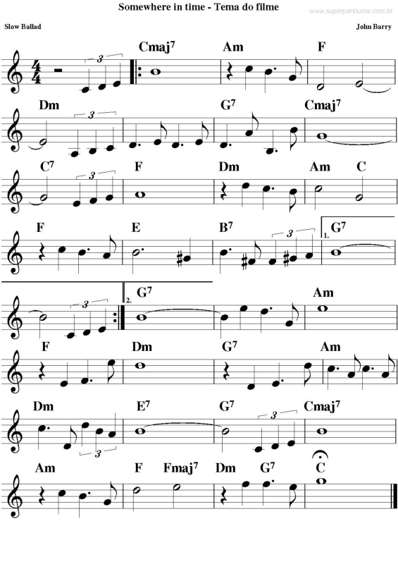 Super Partituras - Tema de Somewhere In Time (John Barry), com cifra