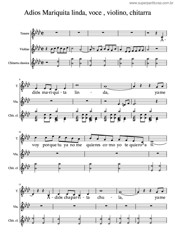 Super Partituras - Adios Mariquita Linda, Voce , Violino, Chitarra ...