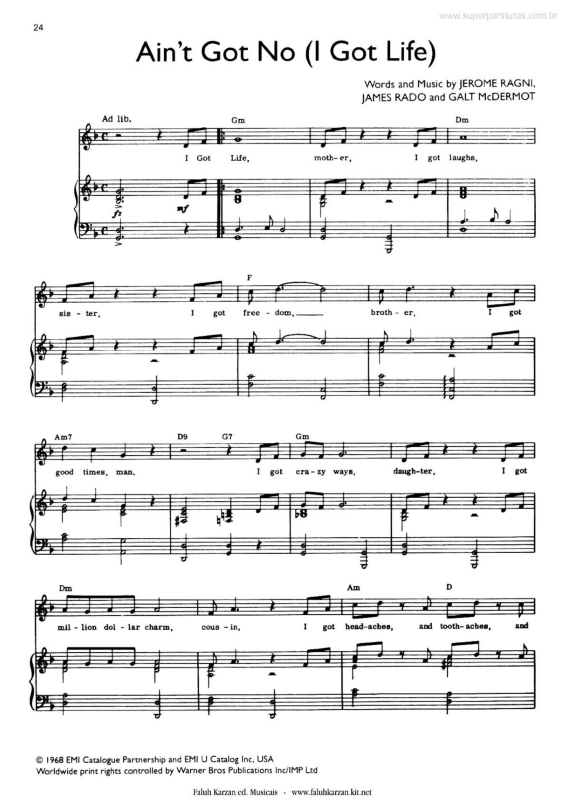 Super Partituras - Ain`t Got No (I Got Life) (Nina Simone, Jerome Ragni ...