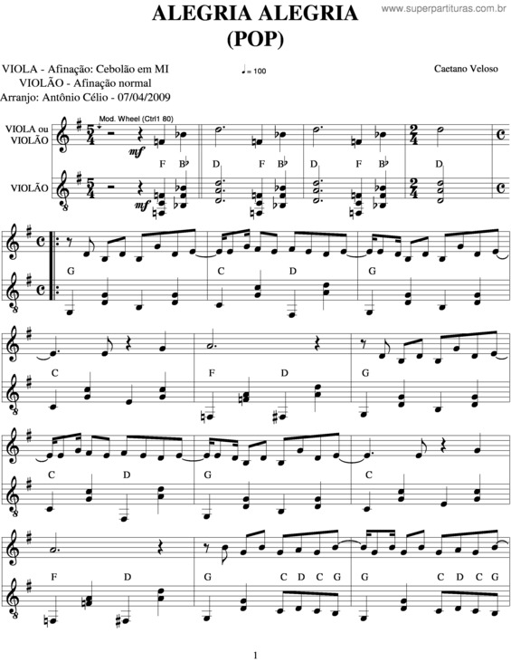 Super Partituras - Alegria Alegria v.2 (Caetano Veloso), com cifra