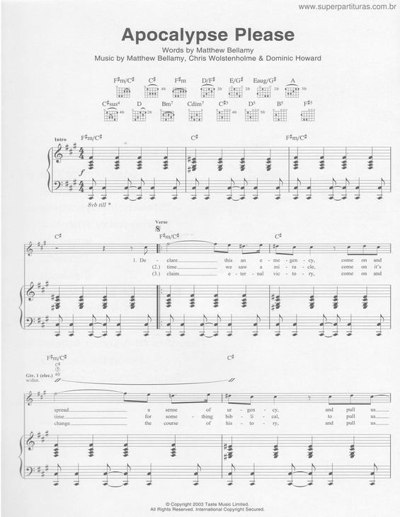 Super Partituras - Apocalypse Please (Muse), com cifra