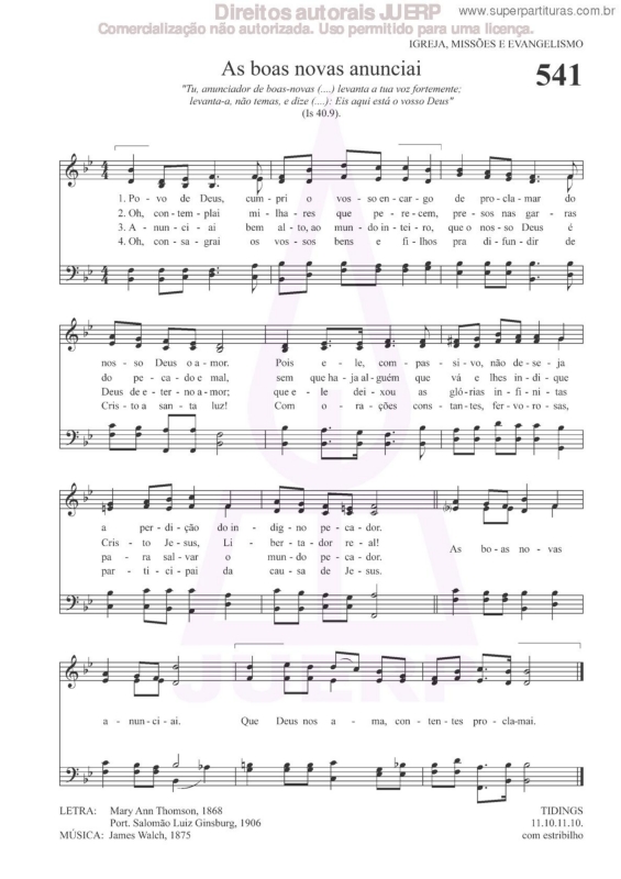 Super Partituras - As Boas Novas Anunciai - 541 HCC v.2 (Hinário do ...