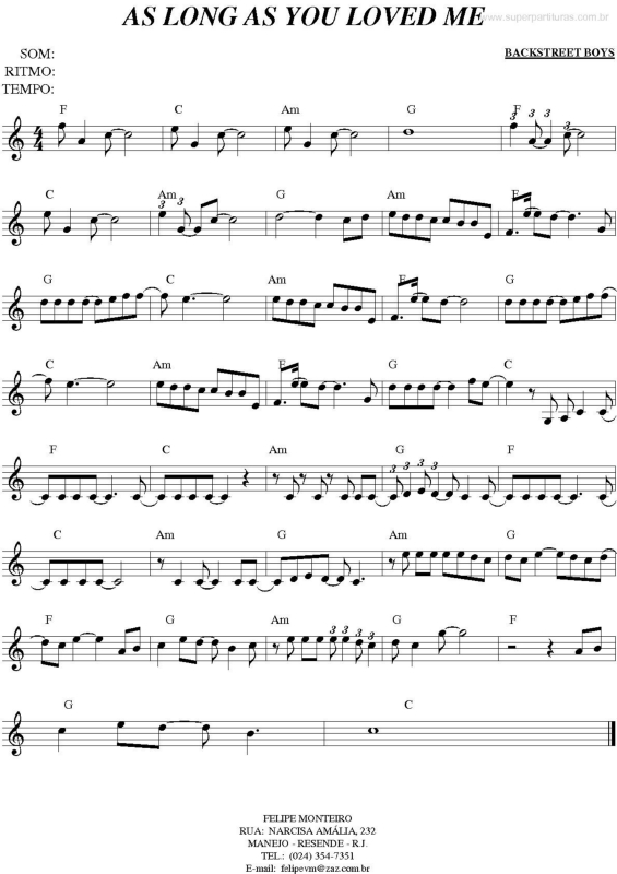 Super Partituras - As Long as You loved me (Backstreet Boys), com cifra Super Partituras - As Long as You loved me (Backstreet Boys), com cifra