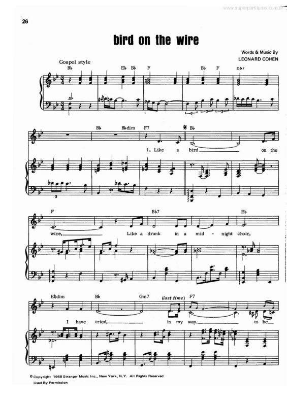 Super Partituras - Bird on the Wire (Leonard Cohen, Joe Cocker), com cifra