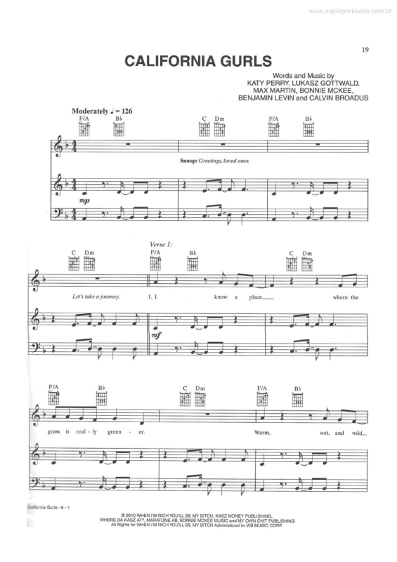 Super Partituras - California Girls (Benjamin Levin, Bonnie Mckee ...
