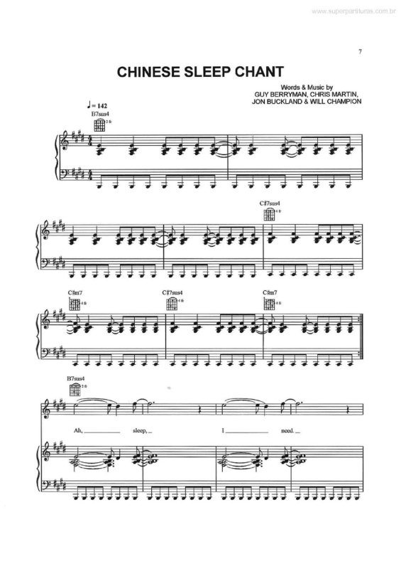 Super Partituras - Chinese Sleep Chant (Coldplay, Guy Berryman, Chris ...