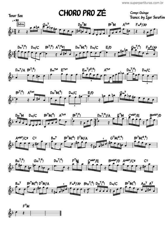 Super Partituras - Choro Pro Zé For Tenor Sax & Bb (Guinga)
