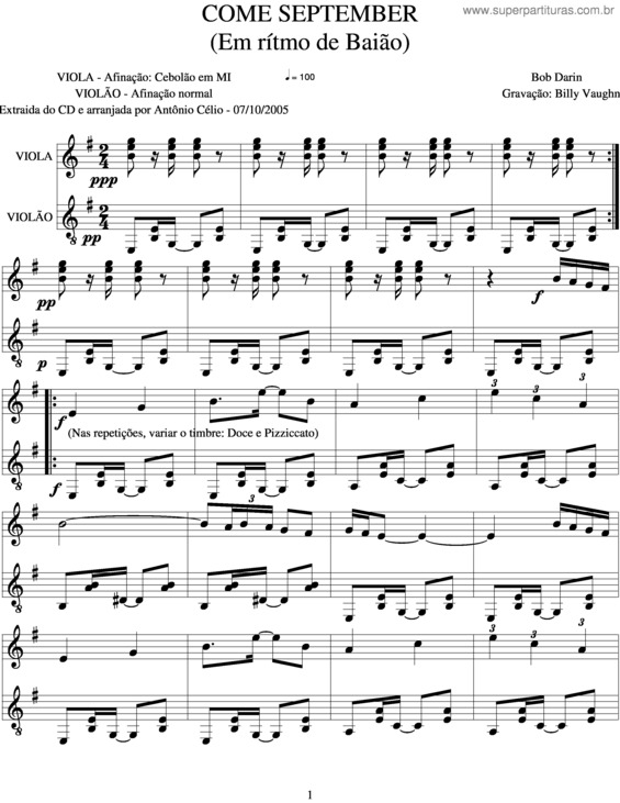 Super Partituras - Come September (Bob Darin, Billy Vaughn), com cifra