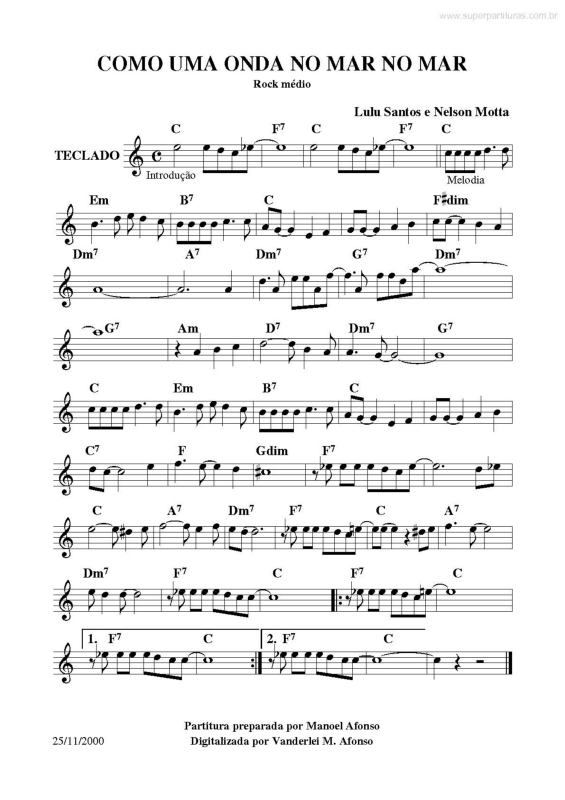 Super Partituras - Como uma onda no mar (Lulu Santos, Nelson Motta), com cifra