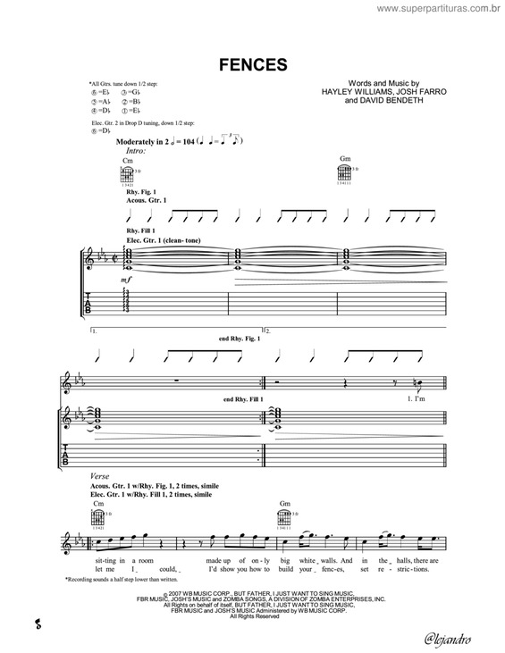 Super Partituras - Fences (Paramore), com cifra