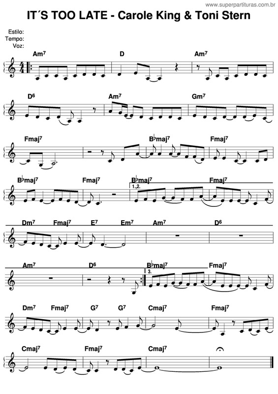 Super Partituras - It´s Too Late (Carole King, Toni Stern), com cifra