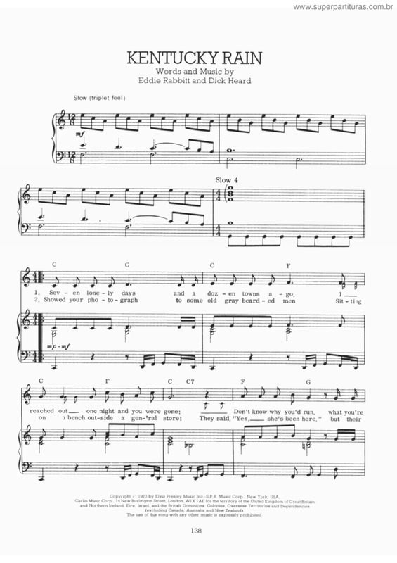 Super Partituras - Kentucky rain (Elvis Presley), com cifra