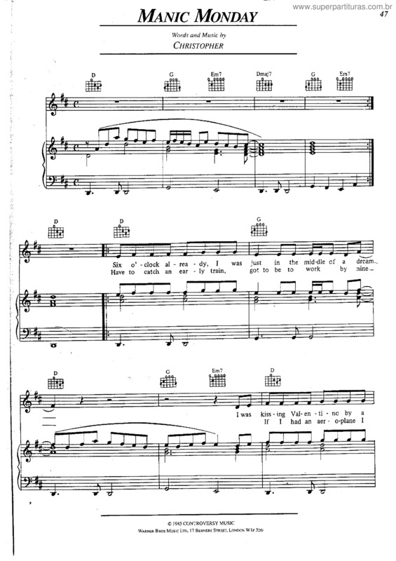 Super Partituras - Manic Monday (The Bangles), com cifra