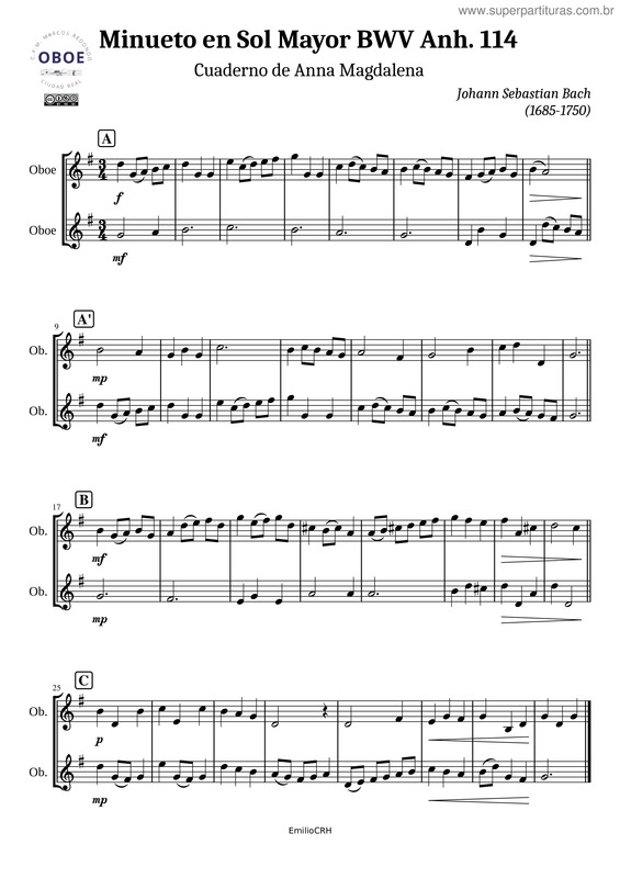 Super Partituras - Minueto En Sol Mayor BWV Anh. 114 (Johann Sebastian Bach)