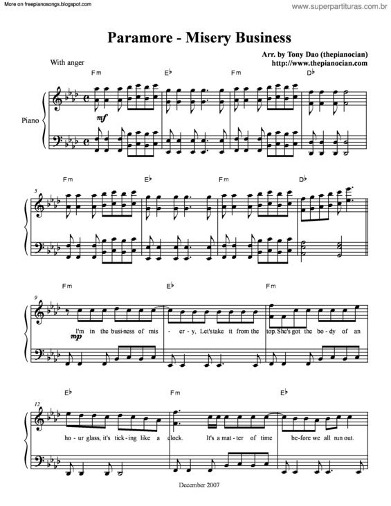 Super Partituras - Misery Business v.5 (Paramore)