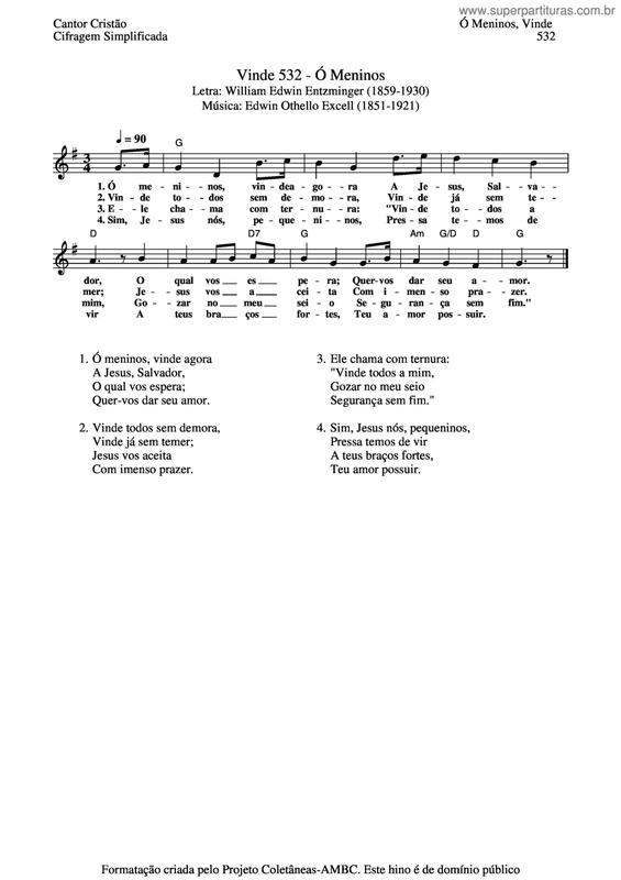 Super Partituras - Ó Meninos, Vinde (Cantor Cristão), com cifra