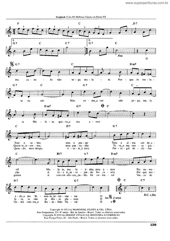 Super Partituras - O Teu Cabelo Nao Nega Mulata ((Desconhecido)), com cifra