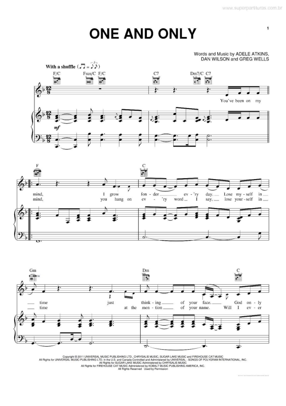 Super Partituras - One and Only (Adele, Dan Wilson, Greg Wells), com cifra