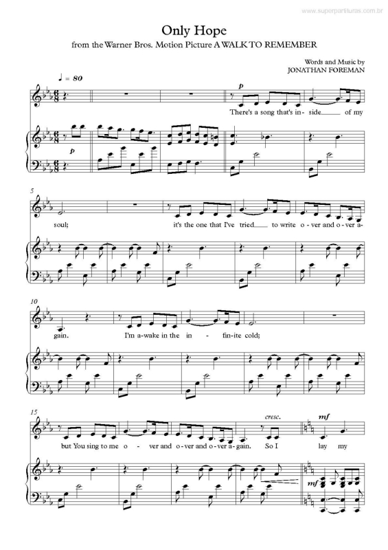 Super Partituras - Only Hope (A Walk To Remember) v.3 (Jonathan Foreman)