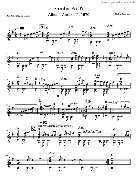 Super Partituras - Samba Pa` Ti – Carlos Santana – Guitare Solo (Santana)