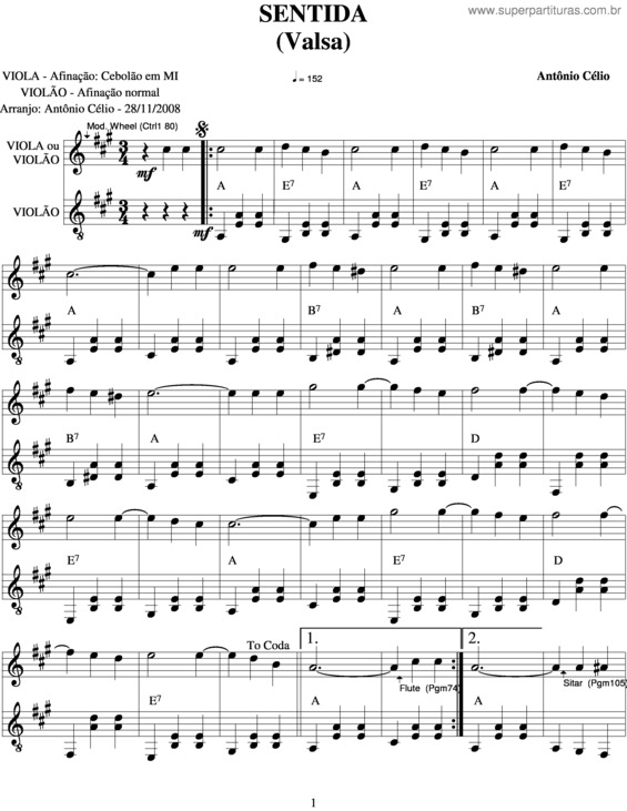 Super Partituras - Sentida (Antônio Célio), com cifra