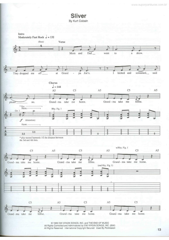 Super Partituras - Silver (Nirvana, Kurt Cobain), com cifra