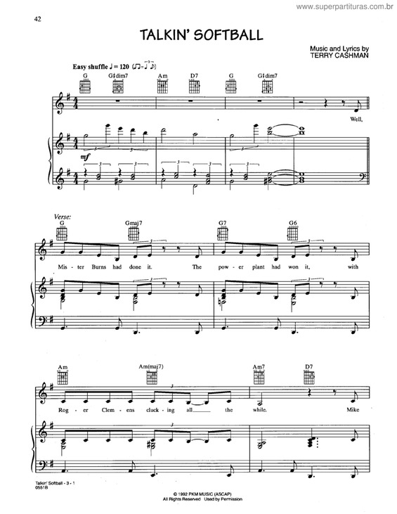 Super Partituras - Talkin Softball (Terry Cashman), com cifra