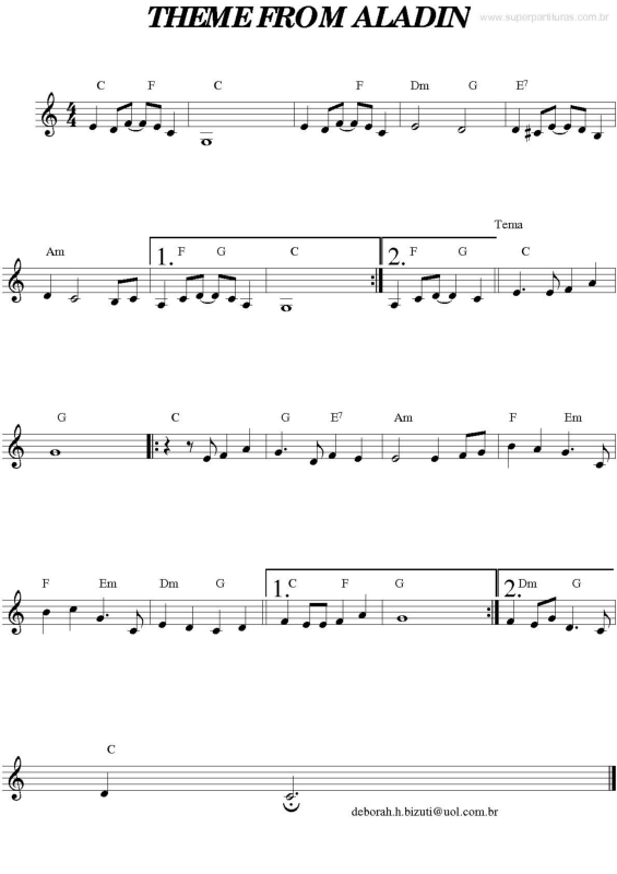 Super Partituras - Tema de Aladdin (Alan Menken), com cifra