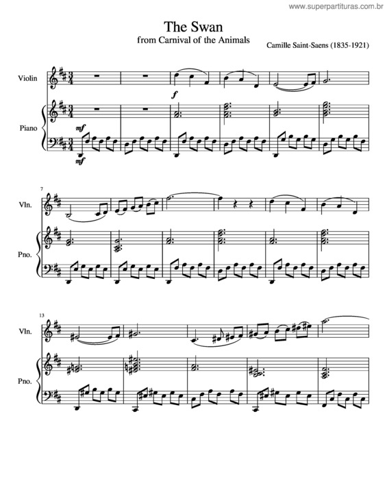 Super Partituras - The Swan From The Carnival Of The Animals (Camille ...