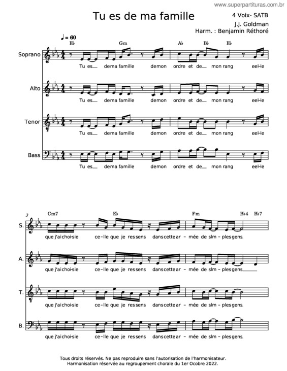 Super Partituras - Tu Es De Ma Famille (Jean-Jacques Goldman)